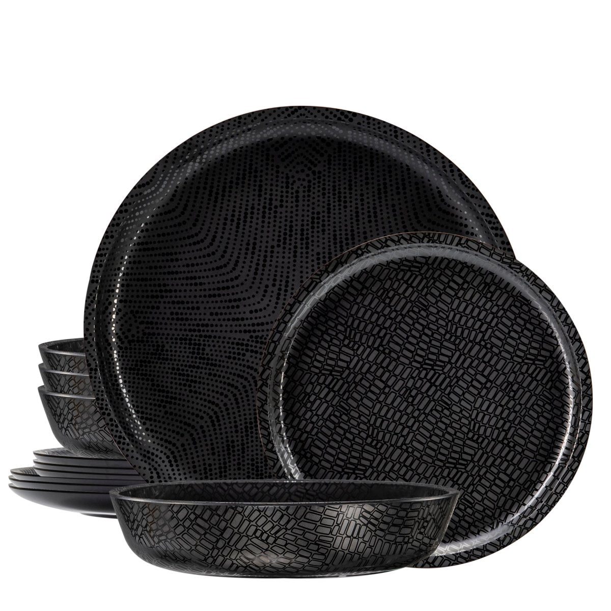 12pc Mono Melamine Plate & Bowl Dinnerware Set - Black | Bzyoo